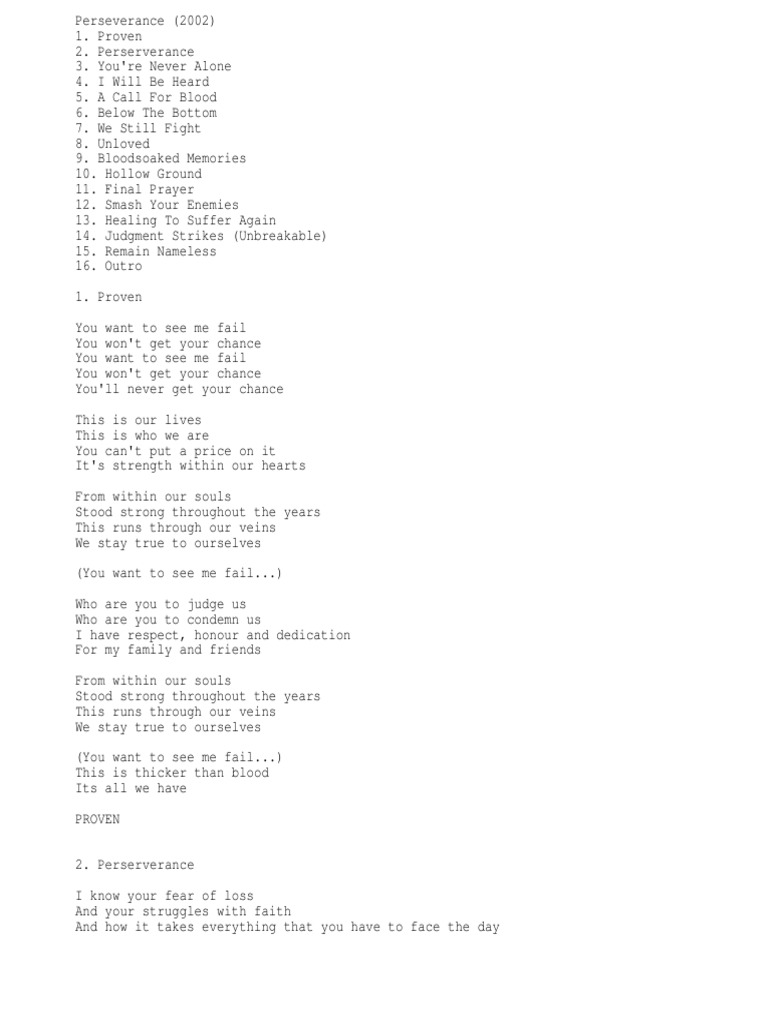 Hatebreed - Perseverance Album Lyrics (2002) | PDF | Guilt (Emotion ...