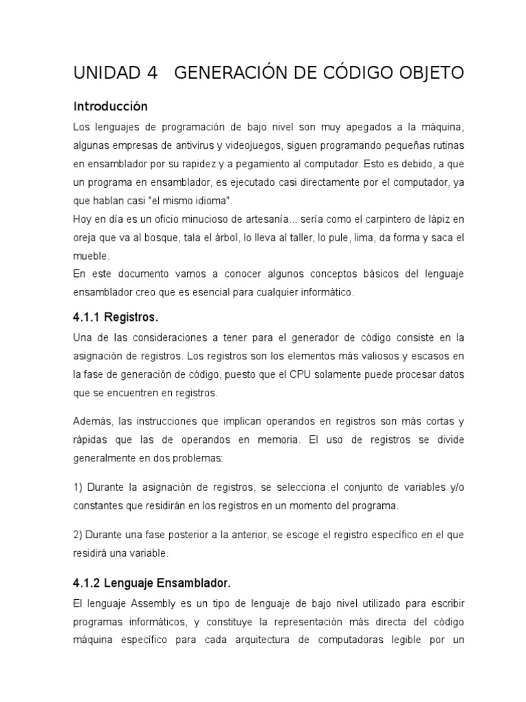 Generacion de Codigo Objeto | PDF | Lenguaje ensamblador | Programa de ...