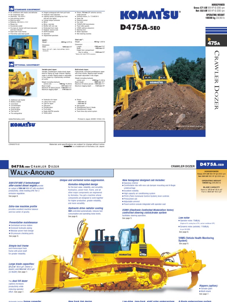 Komatsu D475A-5E0 Crawler Dozer | PDF | Manual Transmission ...