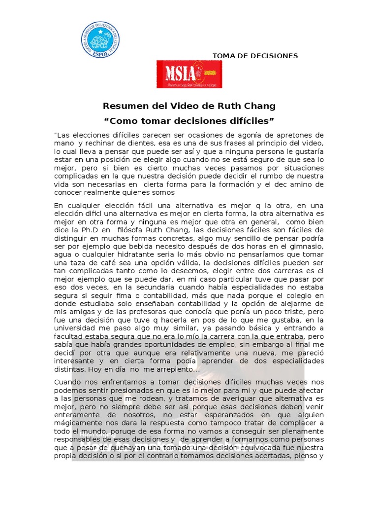 Resumen Del Video de Ruth Chang | PDF | Toma de decisiones | Science