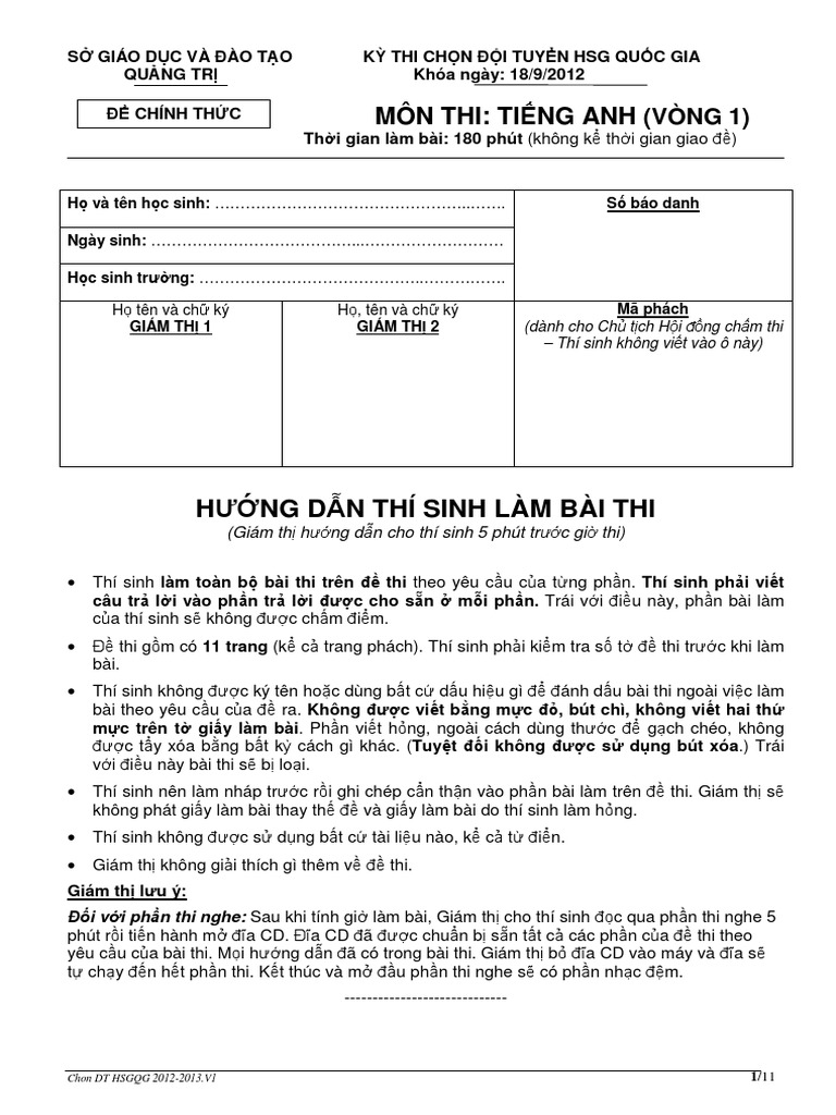 De Thi Chon Doi Tuyen Hoc Sinh Gioi Quoc Gia Tinh Quang Tri Nam 2012 2013 Mon Tieng Anh So GDDT ...
