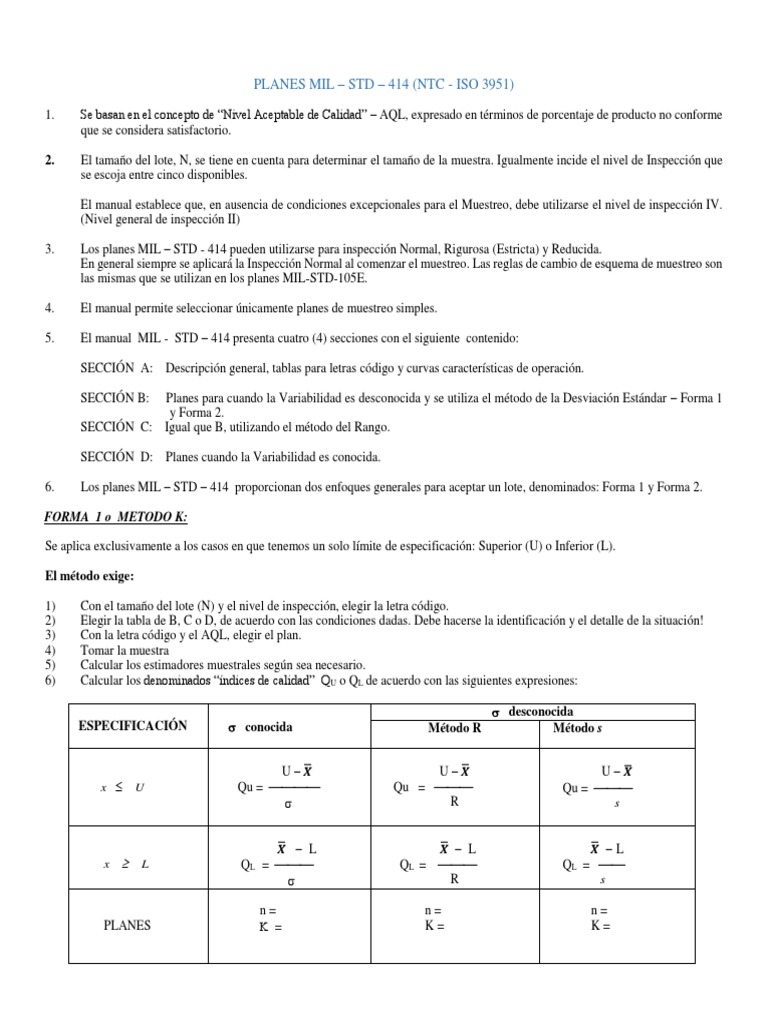 CdeC Características Planes MIL STD 414 | PDF | Muestreo (Estadísticas ...
