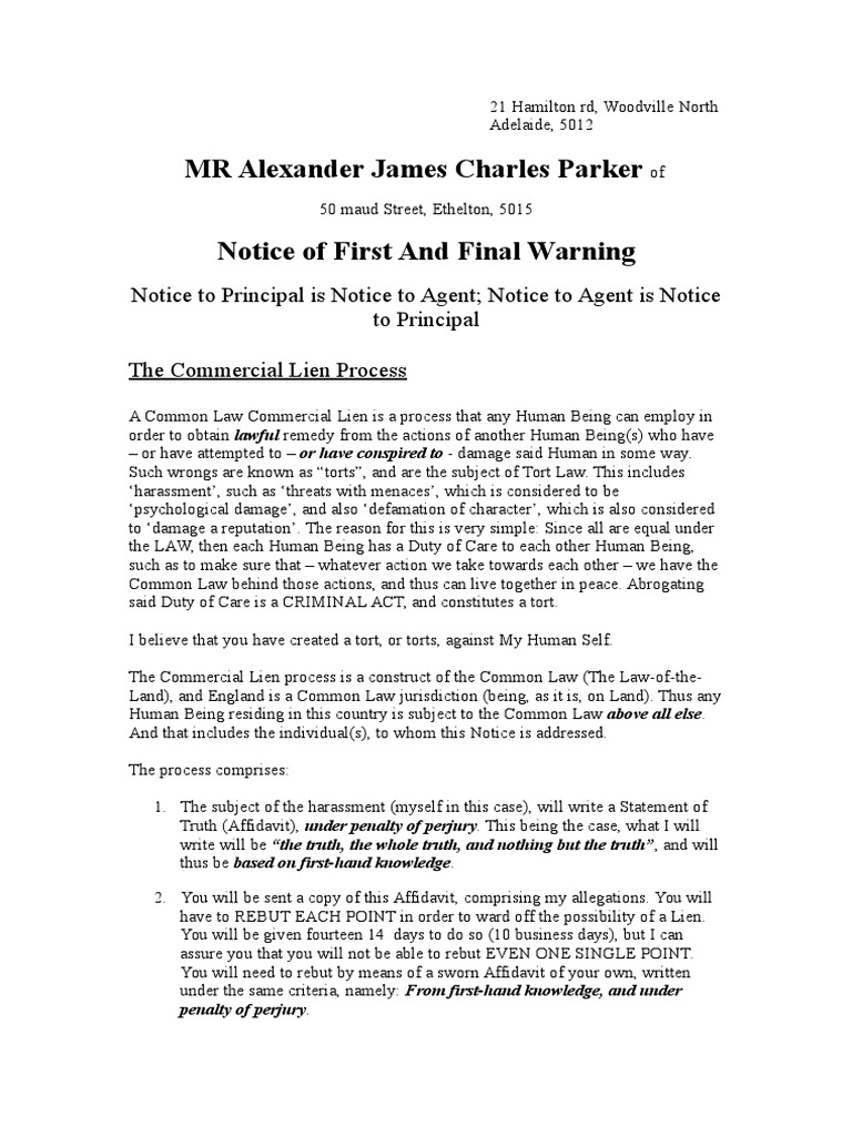 Notice of First and Final Warning | Tort | Defamation