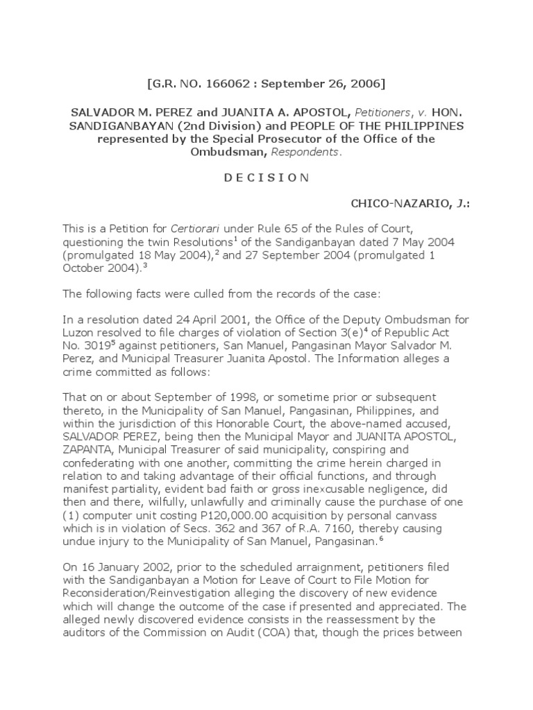 Salvador M. Perez and Juanita A. Apostol Vs Sandiganbayan | PDF | Prosecutor | Constitutional ...