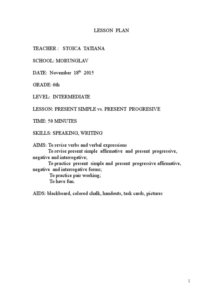 Lesson Plan Present Simple Vs Present Progressive | PDF | Grammatical ...
