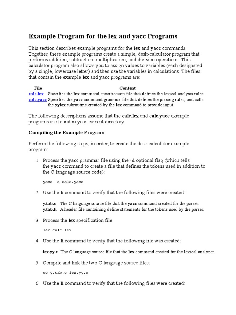 Example Program For The Lex And Yacc Programs Parsing C Programming Language 4850