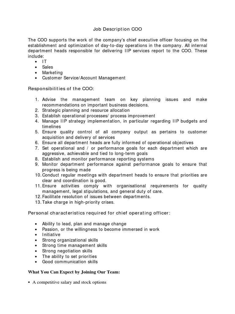 Job Description Chief Operating Officer | PDF