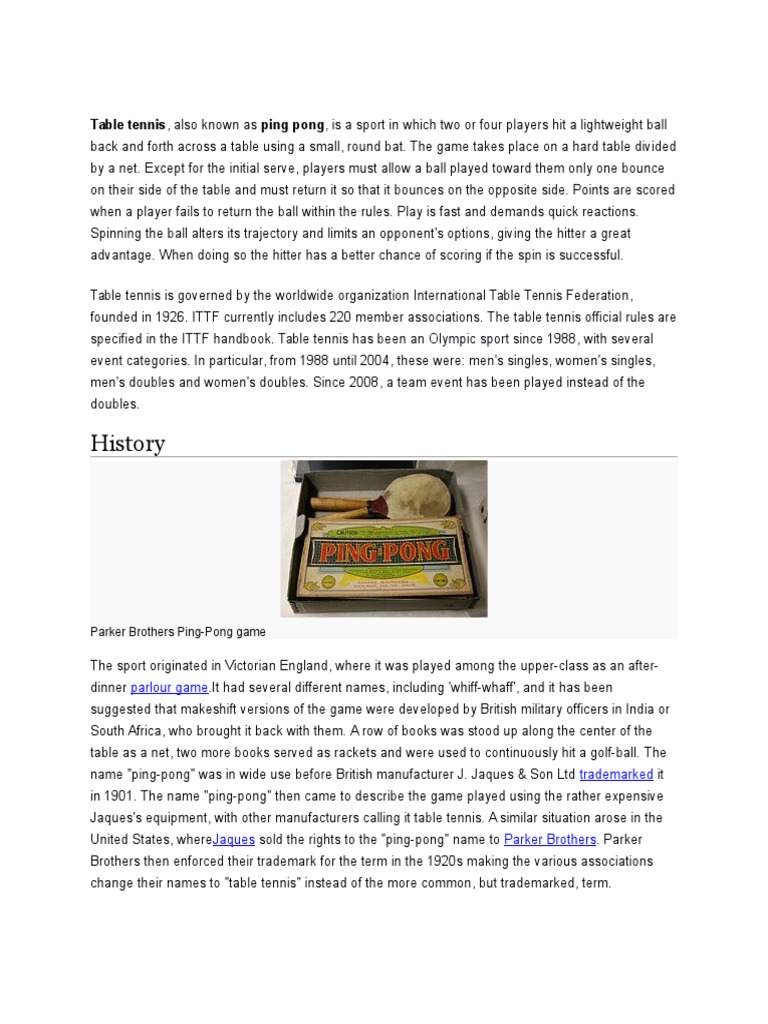 History: Table Tennis, Also Known As Ping Pong, Is A Sport in Which Two ...