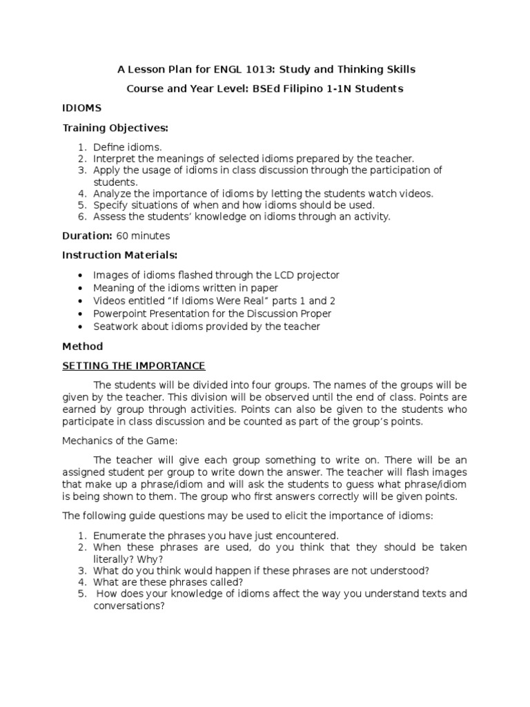 A Lesson Plan On Idioms | Download Free PDF | Idiom | Lesson Plan
