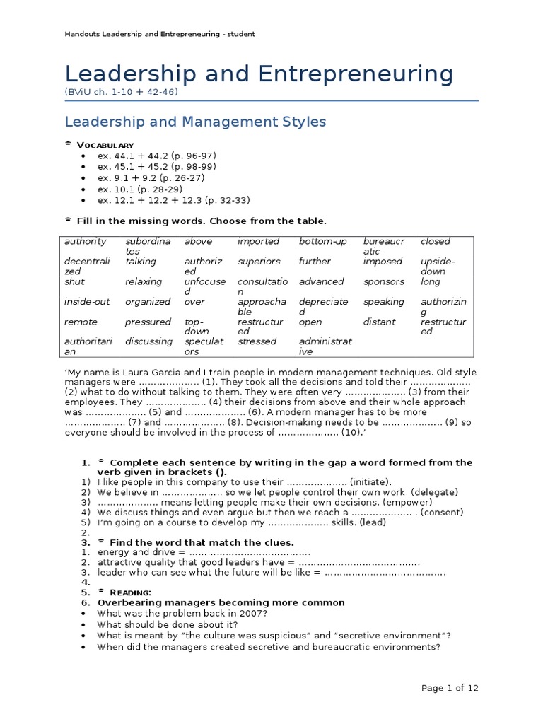 Handout Leadership and Entrepreneuring Student | PDF | Ellipsis ...