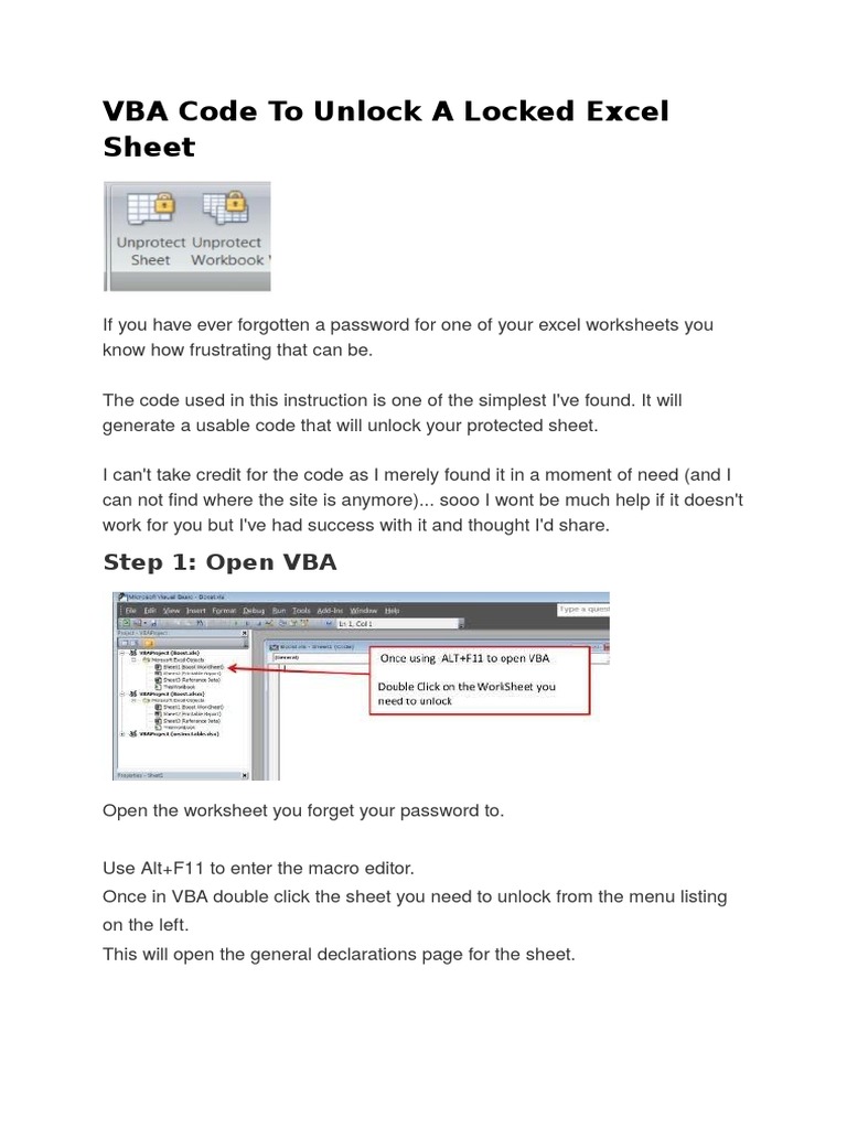 VBA Code To Unlock A Locked Excel Sheet | PDF