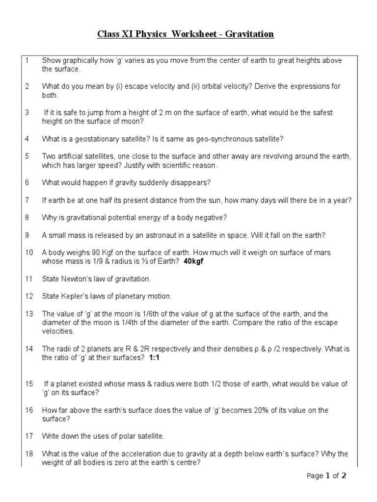 Class 11 Worksheet Chap 8 - Gravitation | PDF
