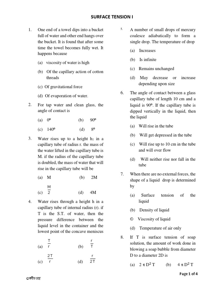 Surface Tension Questions | PDF | Drop (Liquid) | Surface Tension