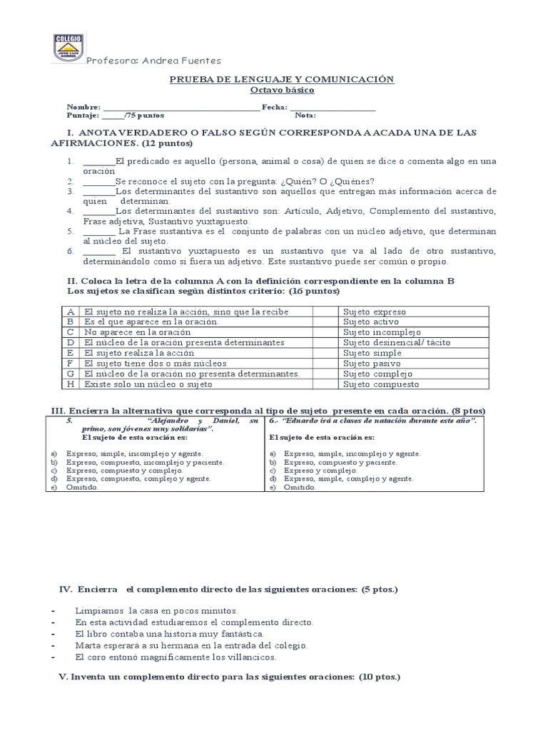 Prueba de Lenguaje Sujeto y Predicado Octavo | PDF | Asunto (gramática ...