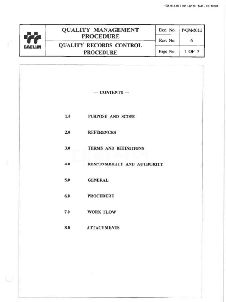 Quality Record Control Procedure (P-QM-501E) PDF | PDF