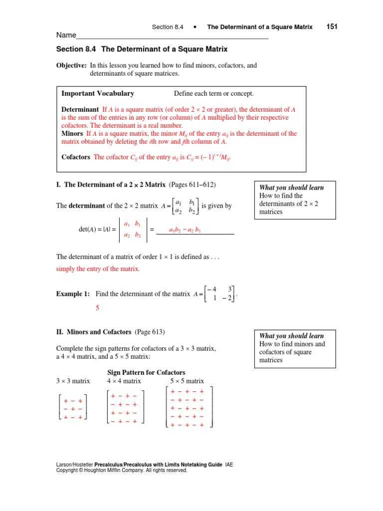 Section 8.4 The Determinant of A Square Matrix: Name | PDF ...