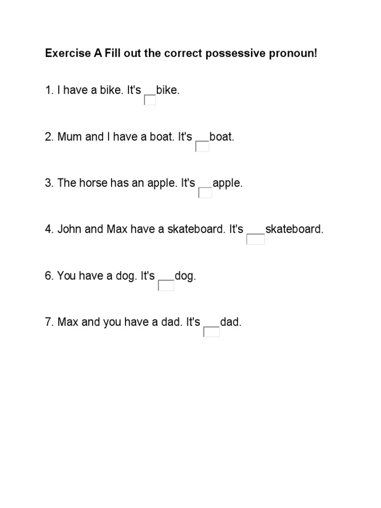 Exercise A Fill Out The Correct Possessive Pronoun | PDF | Morphology ...