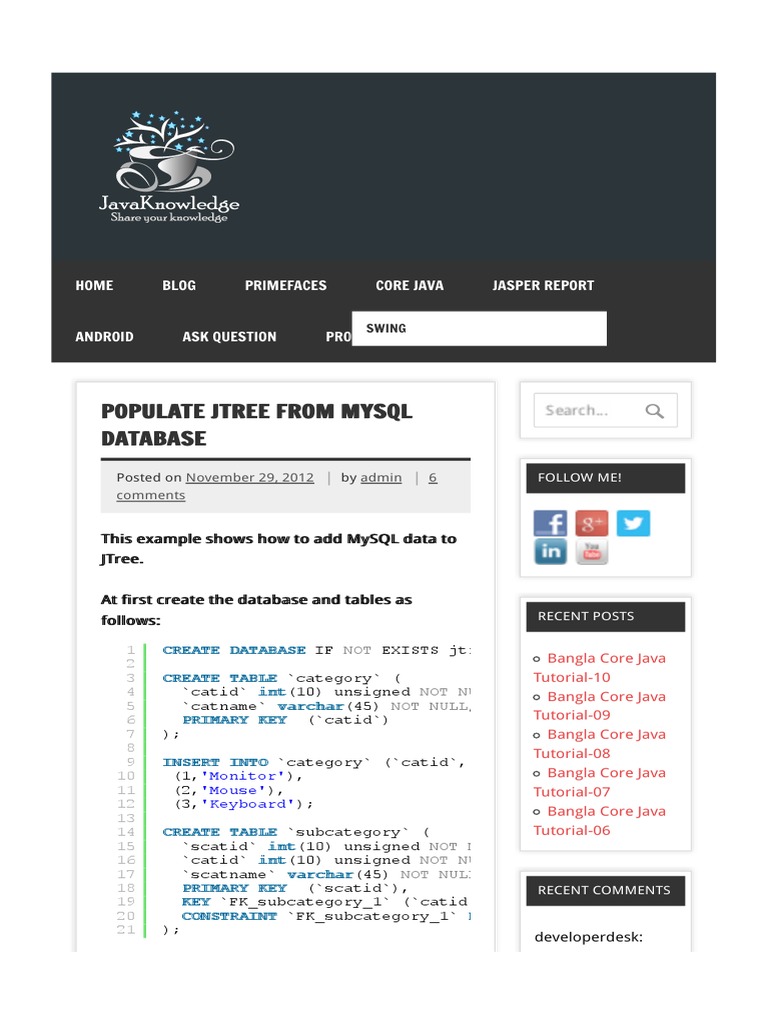 Populate JTree From MySQL Database - Javaknowledge-1 PDF | PDF | Oracle Acquisitions | Java ...