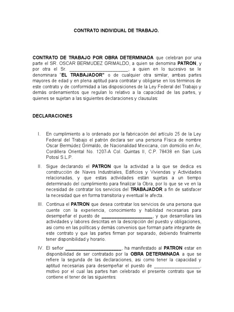 Contrato Individual de Trabajo | PDF | Pagos | Tiempo de trabajo