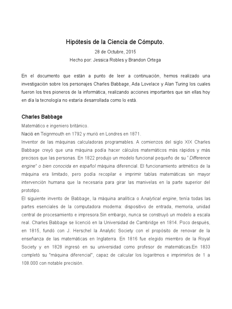 Pioneros de la Informática: Babbage, Lovelace y Turing | PDF | Alan ...