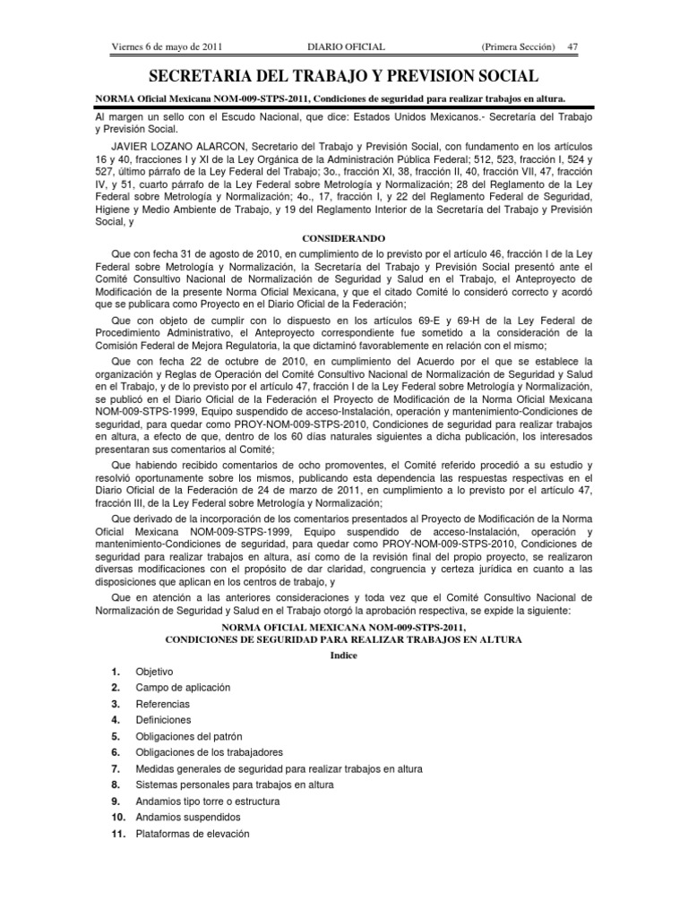 Norma NOM-009-STPS-2011: Seguridad Altura | PDF | Andamio | México