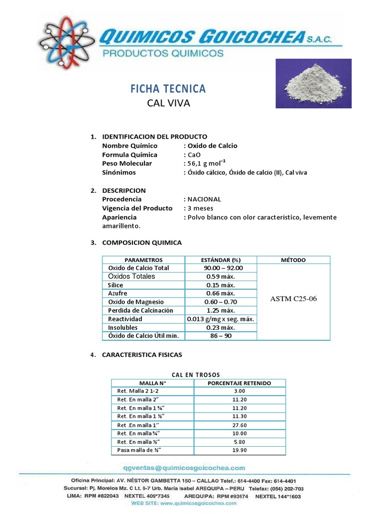 Oxido de Calcio (Cao 90-92%) - Cal Viva (Quimico Goicochea Sac) | PDF