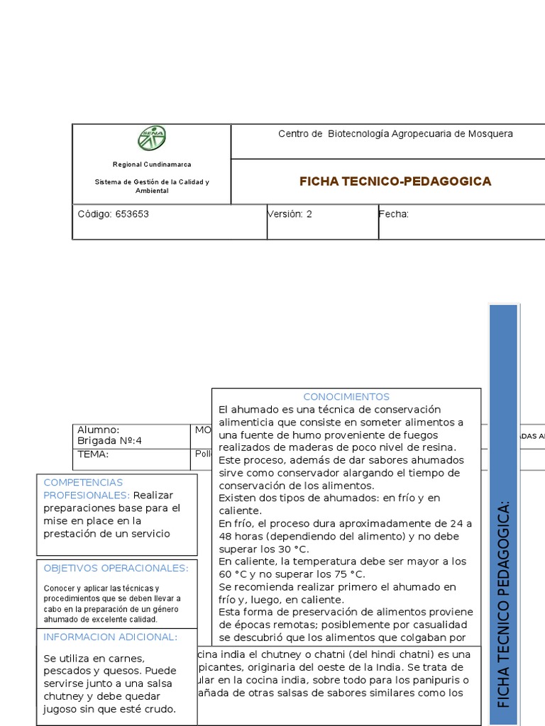 Ficha Tecnico-Pedagógica Pollo Ahumado | PDF | Fumar (cocinar) | Alimentos