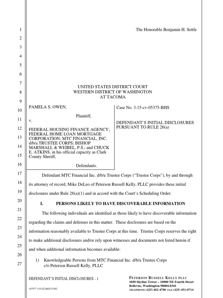 Pamela Owen. Civil Rights. Defendant Mtc Financial’s Initial Disclosures Pursuant to Rule 26(a ...