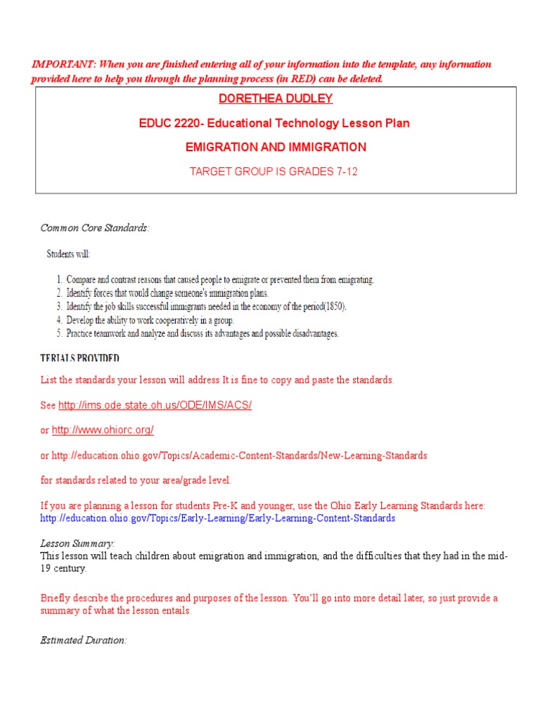 Dorethea Dudley EDUC 2220-Educational Technology Lesson Plan Emigration ...
