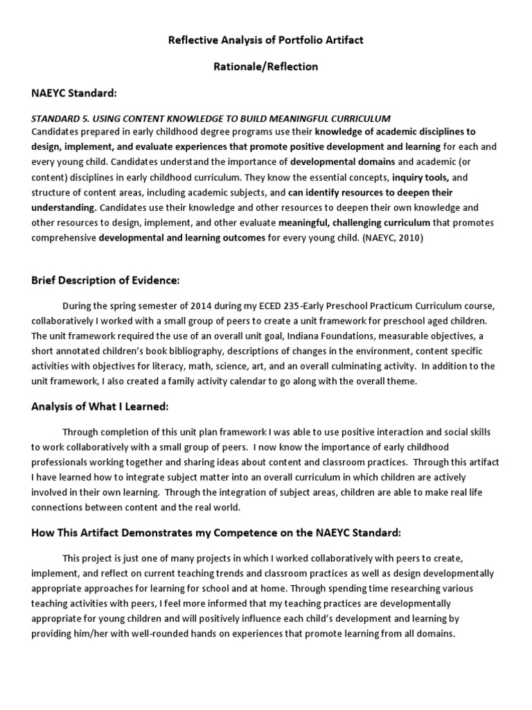 Rationale Reflection Format For Artifacts 5 | PDF | Early Childhood ...