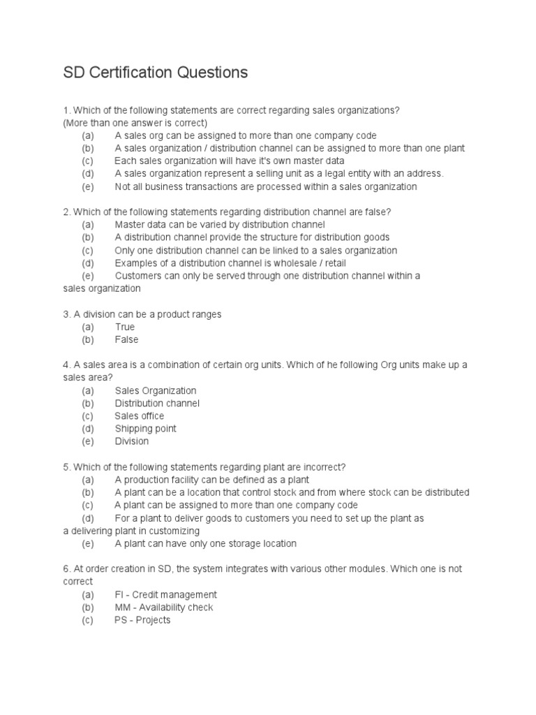 SD Certification Questions | Download Free PDF | Sales | Logistics