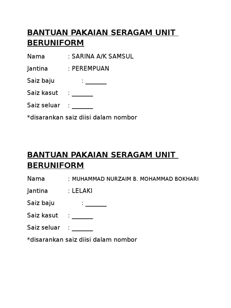Bantuan Pakaian Seragam Unit Beruniform | PDF