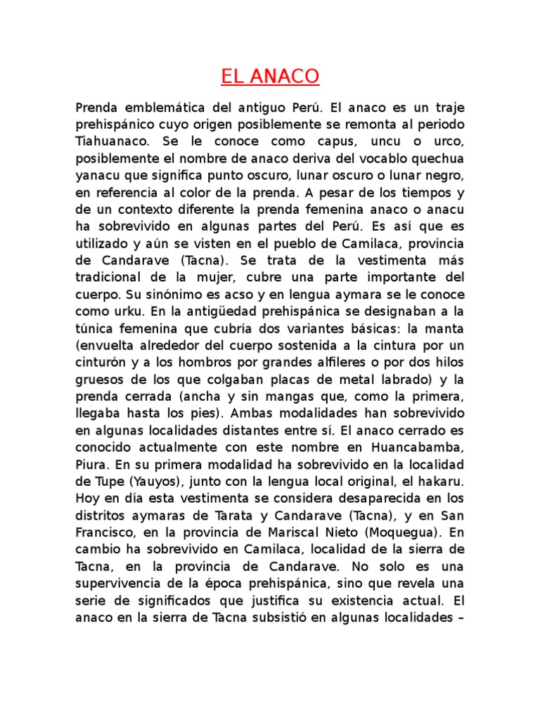 EL ANACO Peruano Vestimenta | PDF | Ropa | Perú