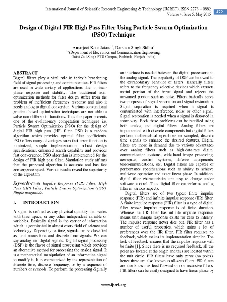 Design of Digital FIR High Pass Filter Using Particle Swarm Optimization (PSO) Technique | PDF ...