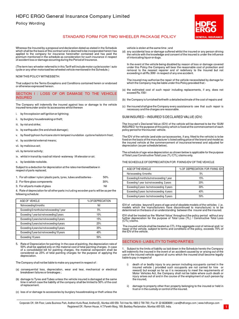 HDFC ERGO Two-Wheeler Insurance Policy | PDF | Indemnity | Deductible