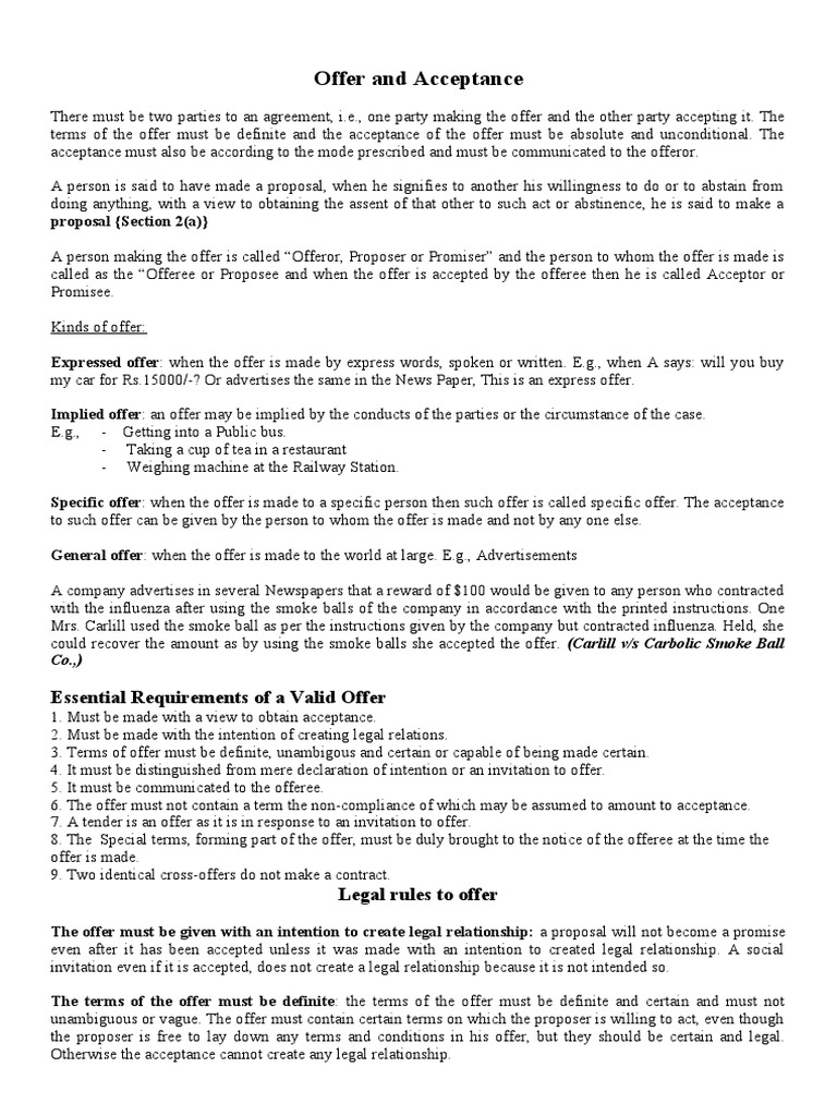Offer and Acceptance: Essential Requirements of A Valid Offer | PDF ...