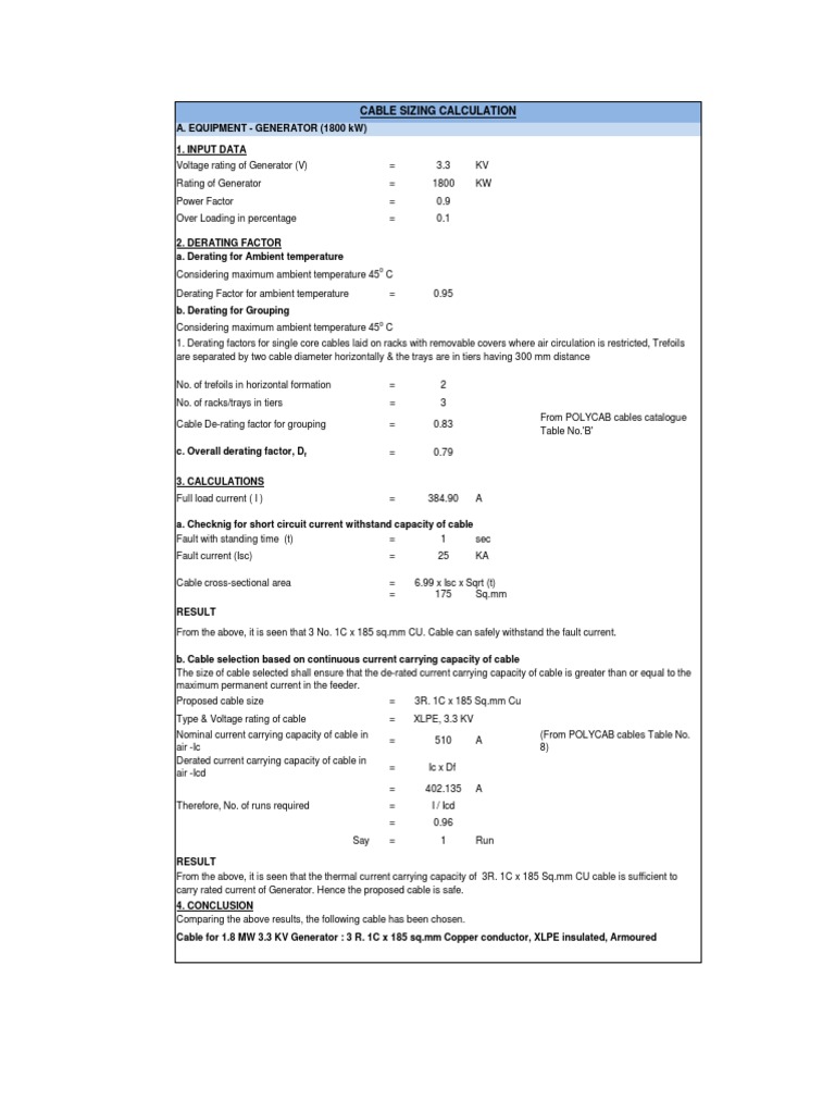 Cable Sizing Calculation | PDF | Cable | Transformer