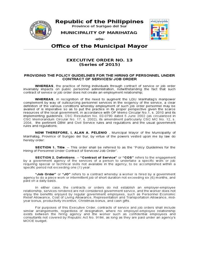 Executive Order On Job Order | PDF | Employment | Performance Appraisal