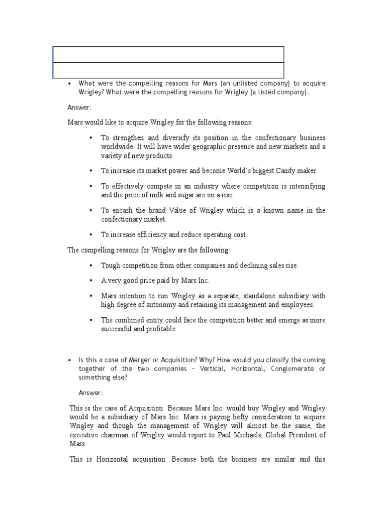 Mars Wrigley Case Study Solution | PDF | Berkshire Hathaway | Mergers ...