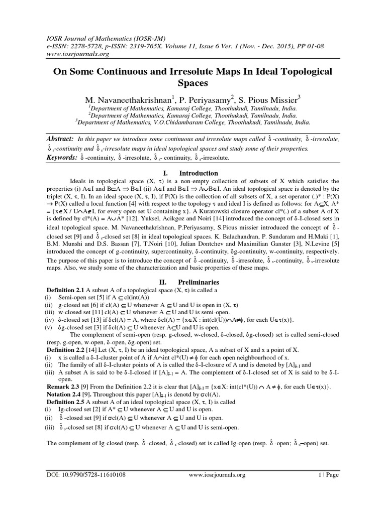 On Some Continuous And Irresolute Maps In Ideal Topological Spaces Download Free Pdf