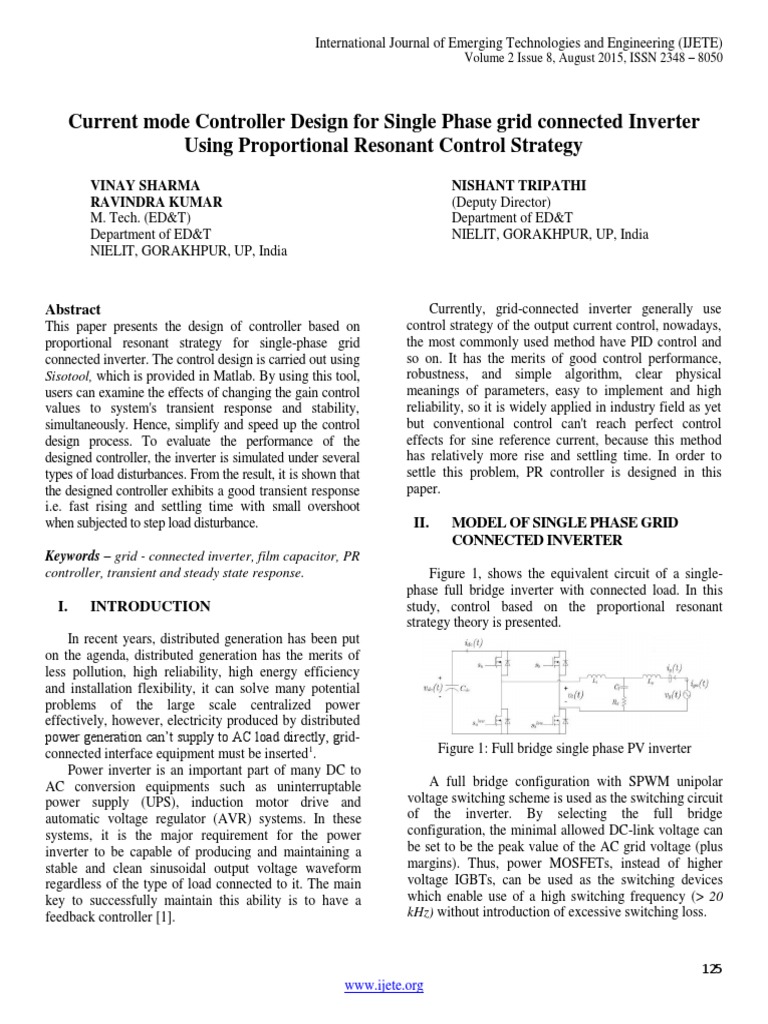 Current Mode Controller Design For Single Phase Grid Connected Inverter Using Proportional ...