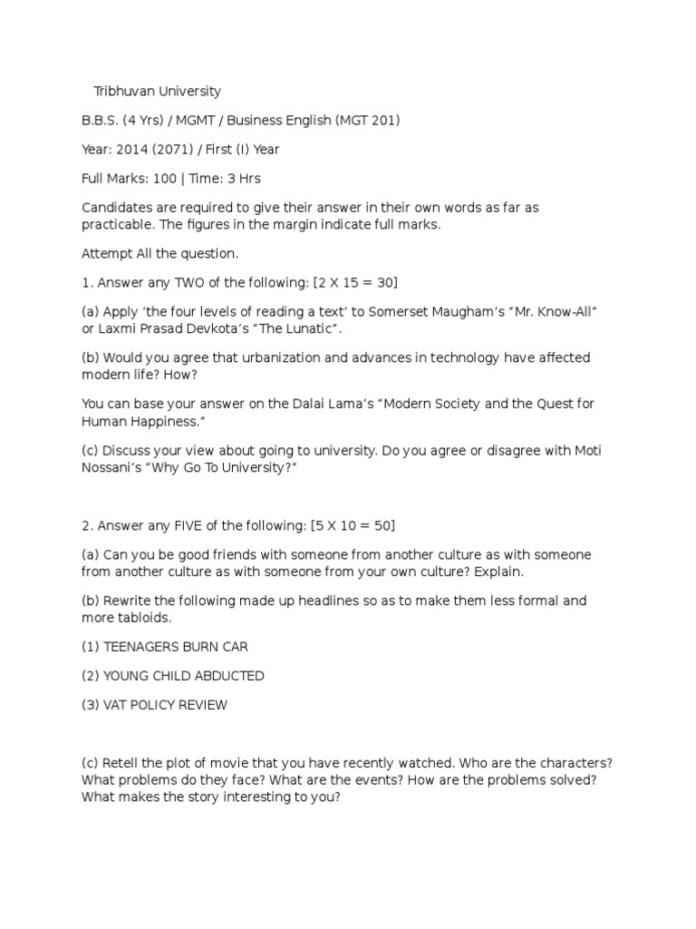 English Question of BBS 1st Year TU | PDF