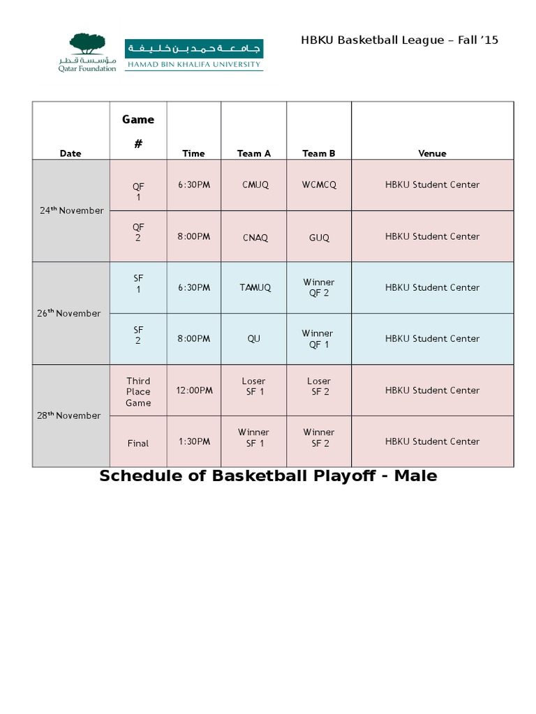 HBKU Basketball Playoff Schedule | PDF | Sports & Recreation