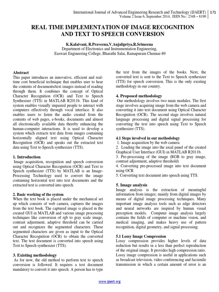 Real Time Implementation of Image Recognition and Text To Speech Conversion | PDF | Speech ...