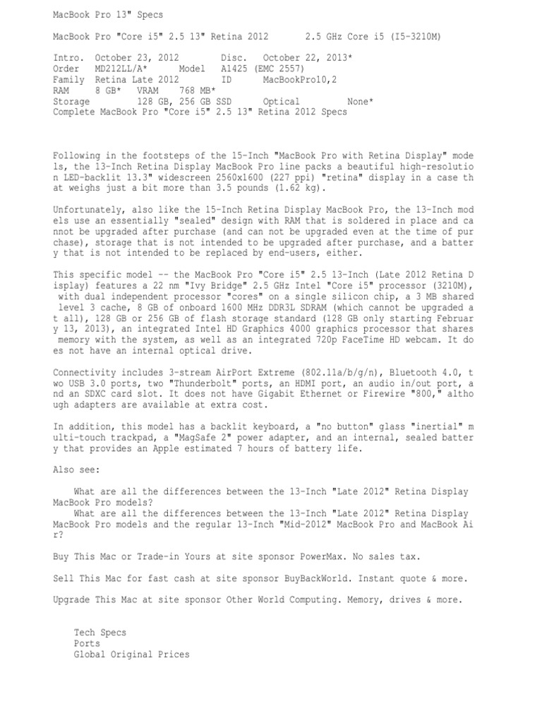 Macbook Pro 13 Specs | PDF | Macintosh | Mac Os