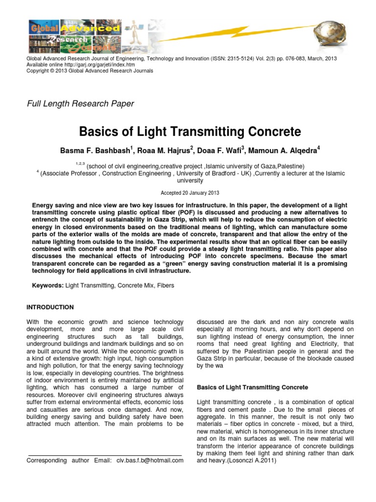 Basics of Light Transmitting Concrete | PDF | Concrete | Optical Fiber