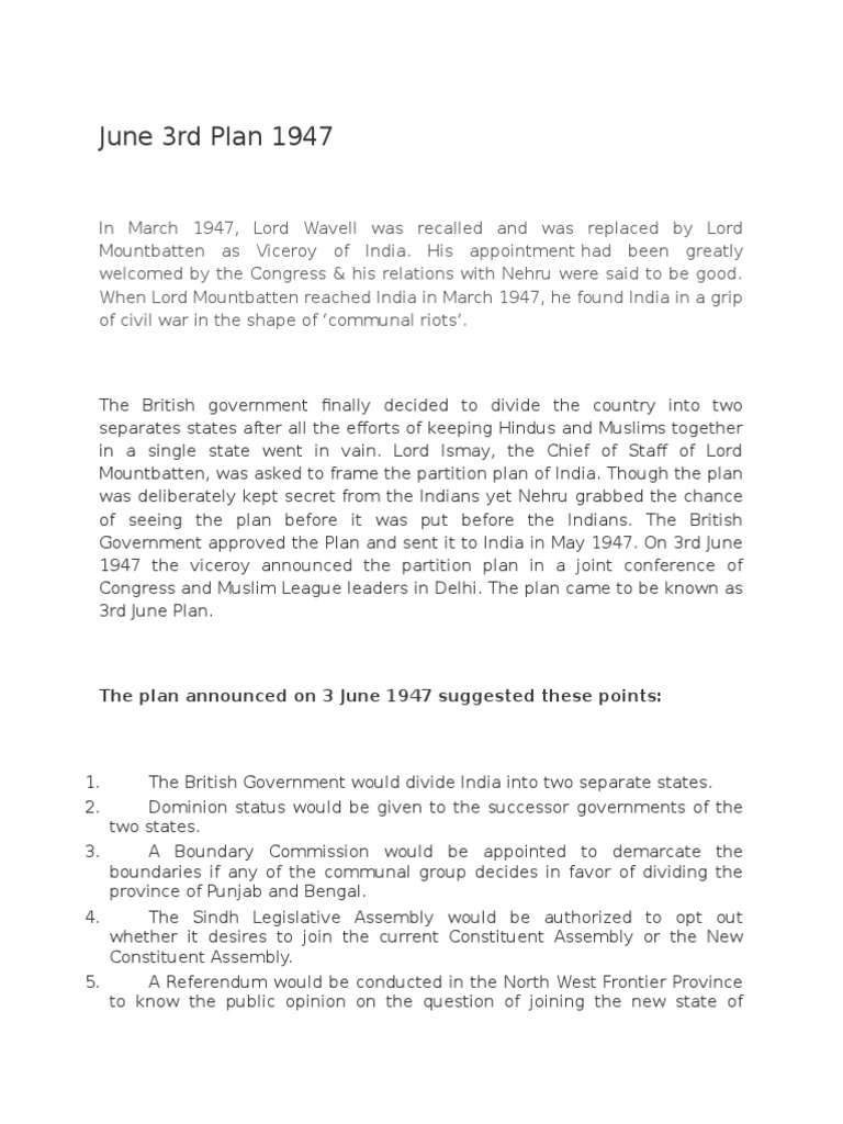 3 June Plan | PDF | Partition Of India | All India Muslim League