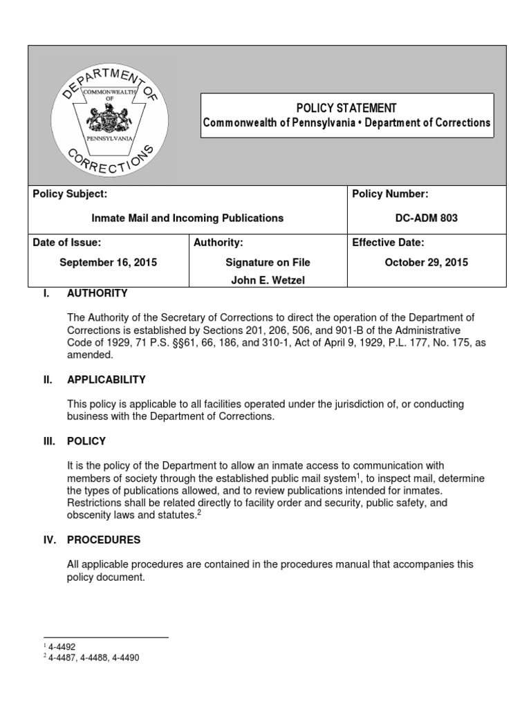 State Prison Policy For Inmate Mail | PDF | Mail | Registered Mail