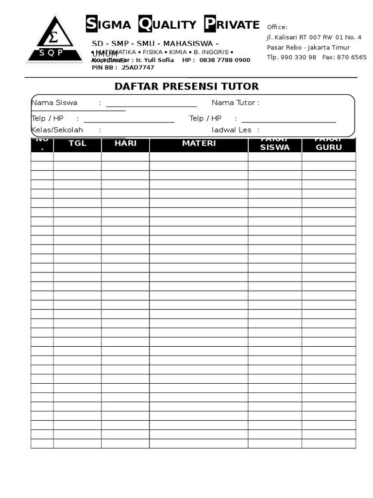 Contoh Lembar Presensi Tutor Kelas | PDF