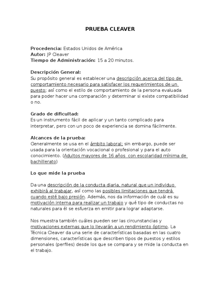 Prueba Cleaver | PDF | Comportamiento | Motivación